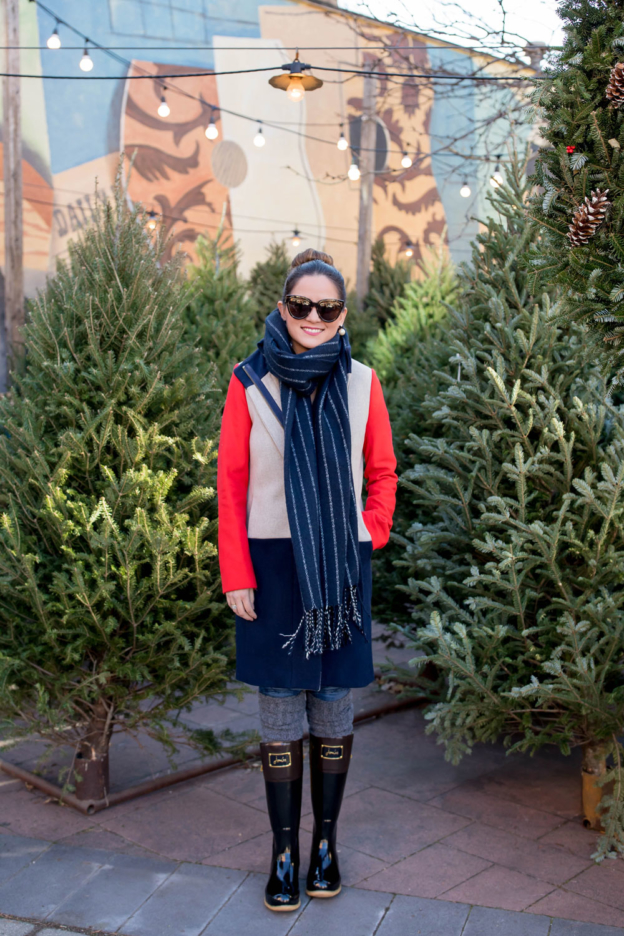 J Crew Colorblock Coat and Joules Evedon Rain Boots