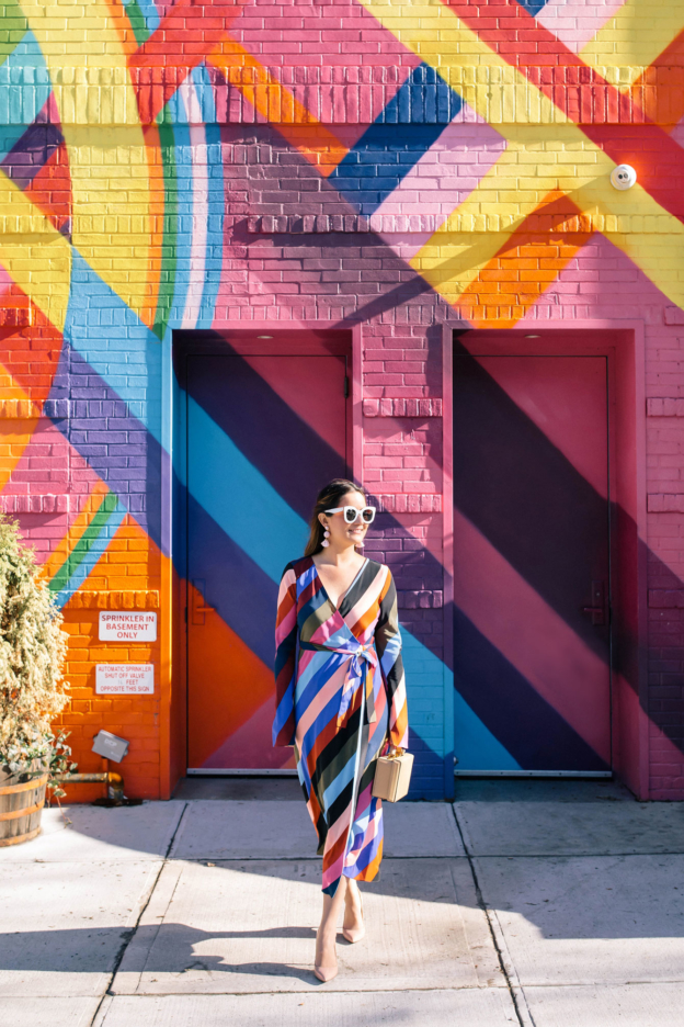 DVF Multicolor Stripe Wrap Dress at a Colorful Stripe Mural in Brooklyn