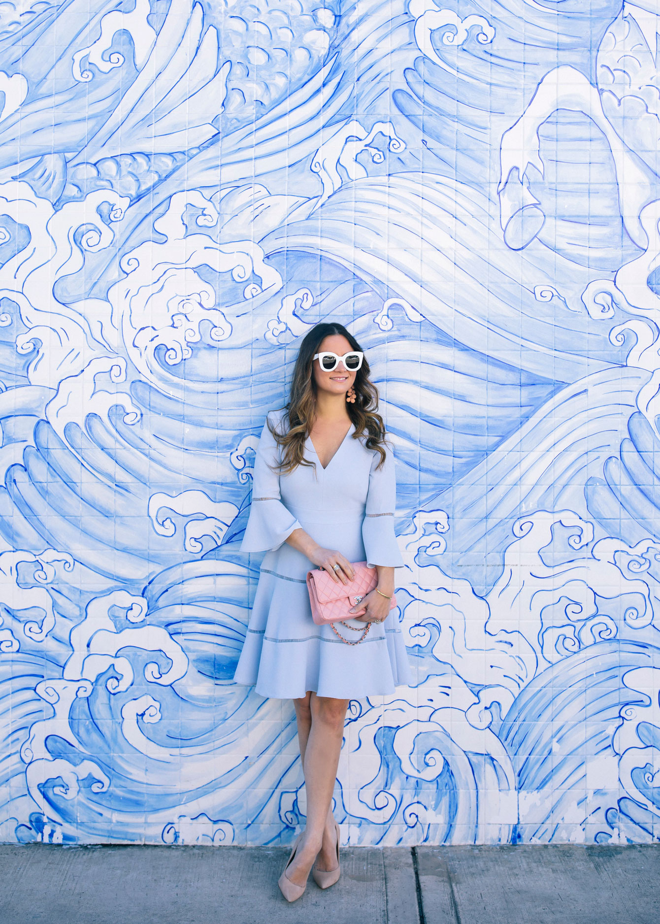 Pale Blue Fit and Flare Dress and Pink Chanel Bag in Miami