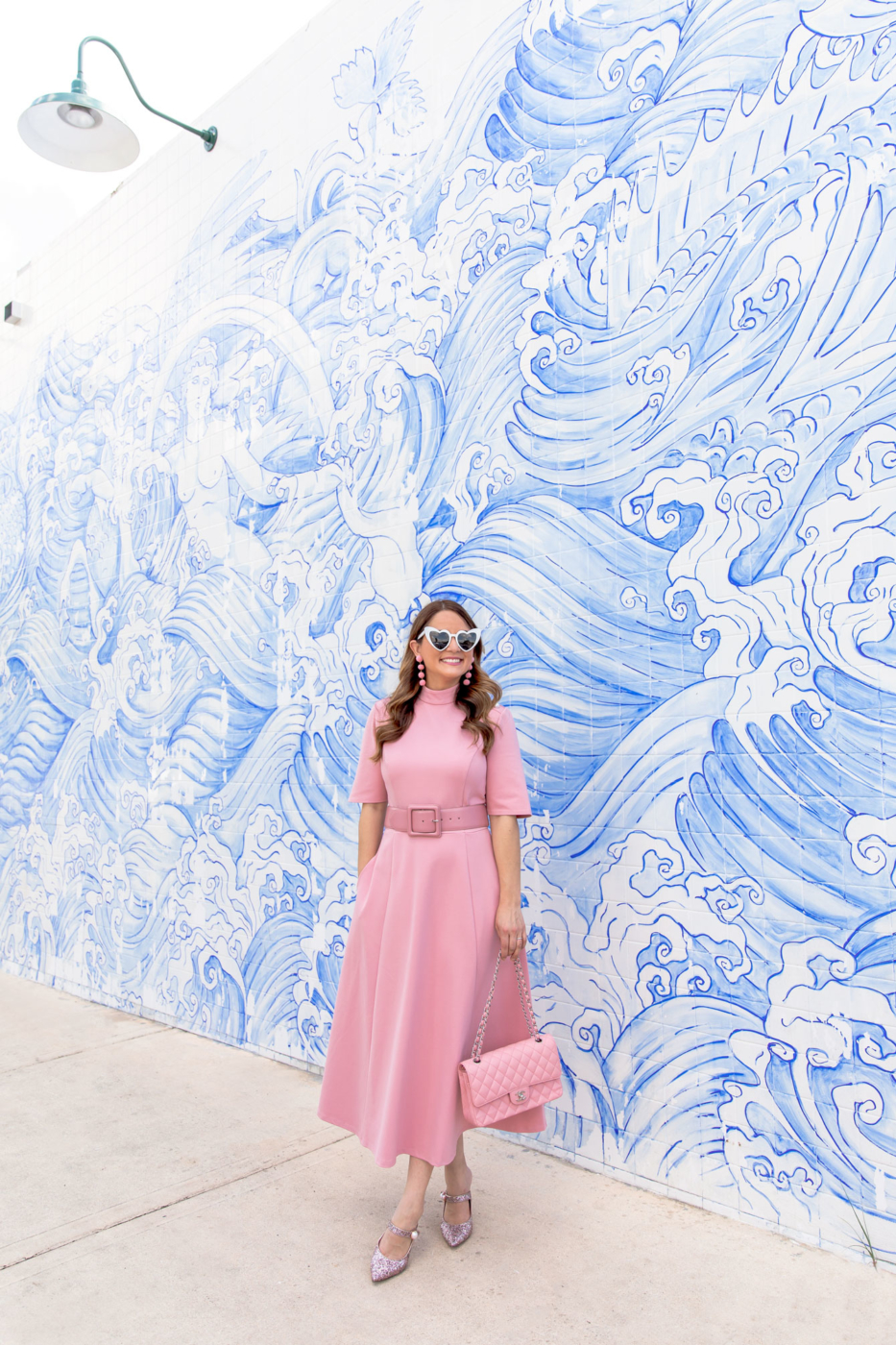 A Pink Fit and Flare Midi Dress at an Amazing Tile Mural - Style Charade
