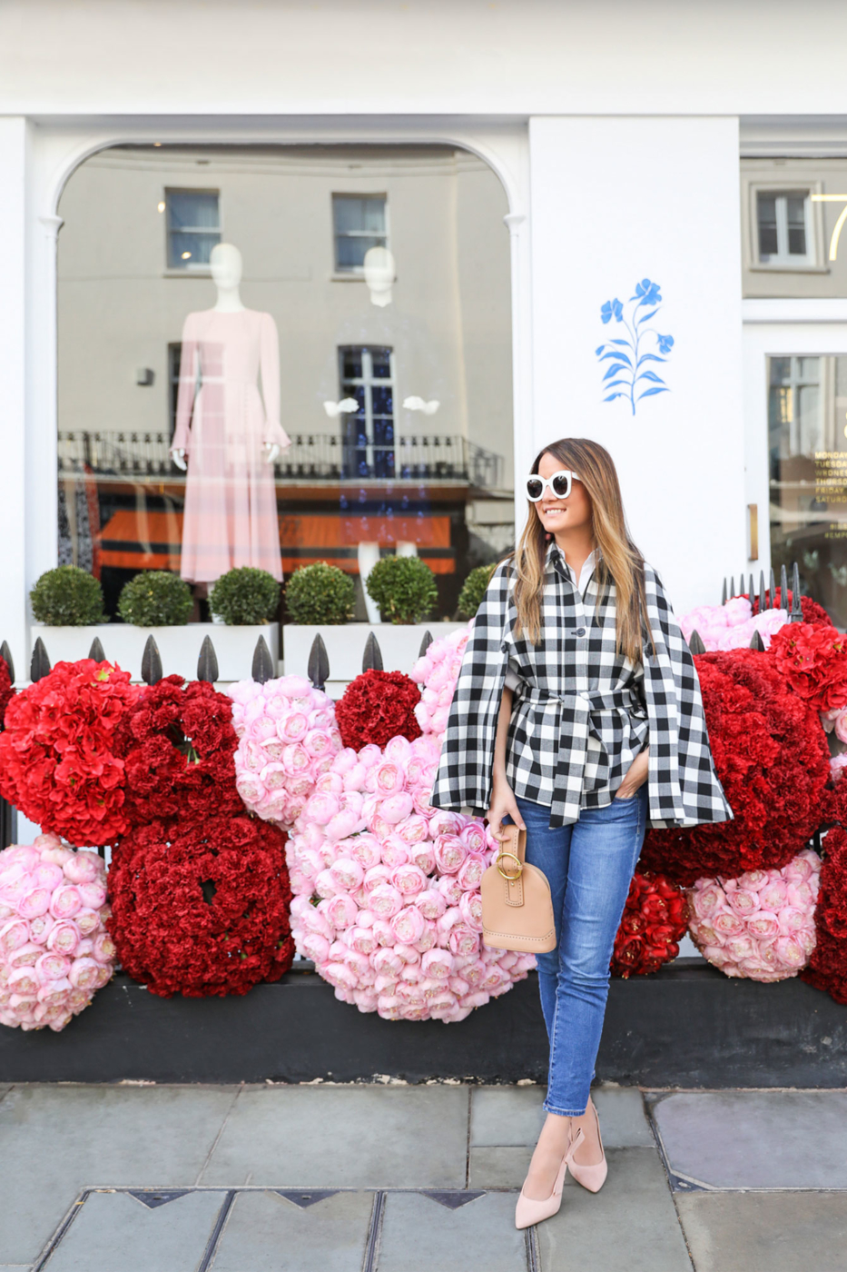 Buffalo Check Cape at a London Floral Storefront - Style Charade