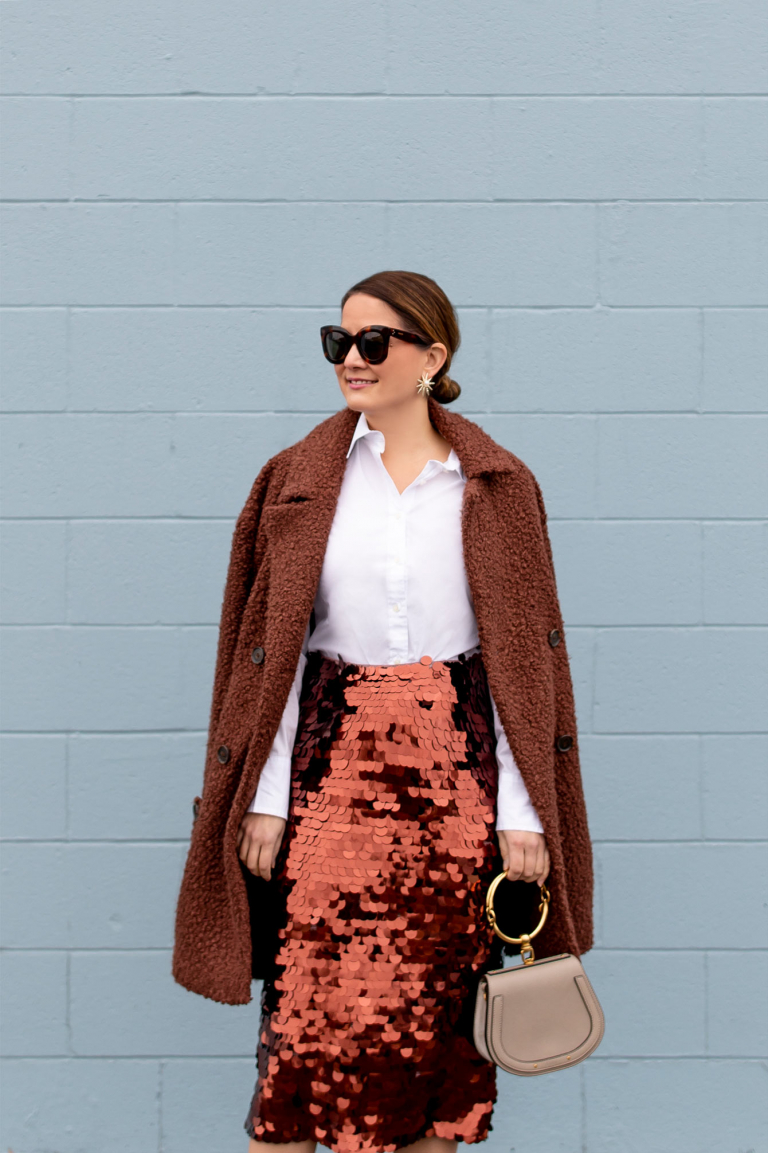 Styling a Copper Sequin Paillette Skirt and Teddy Coat - Style Charade